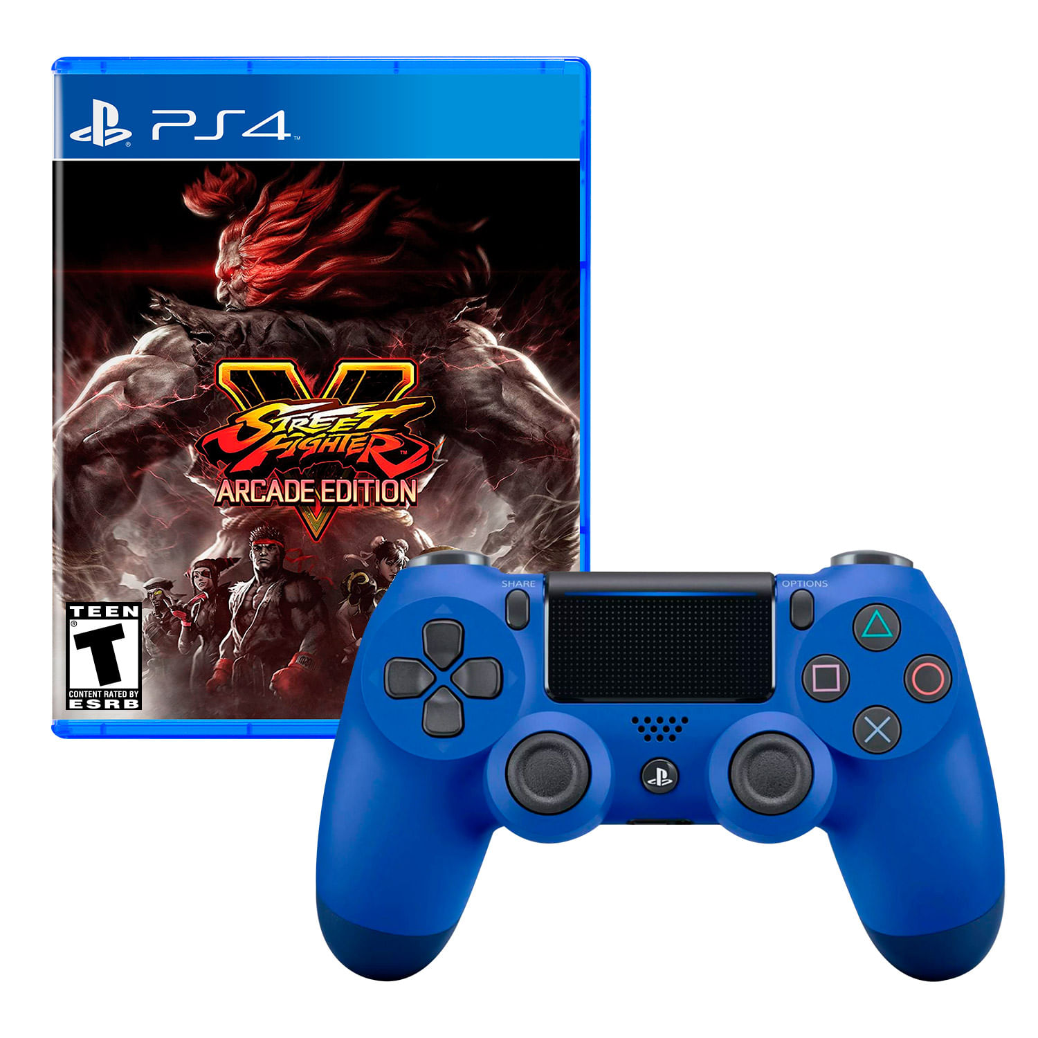 Mando Playstation 4 Dualshock Azul + Street Fighter V Arcade - Real Plaza