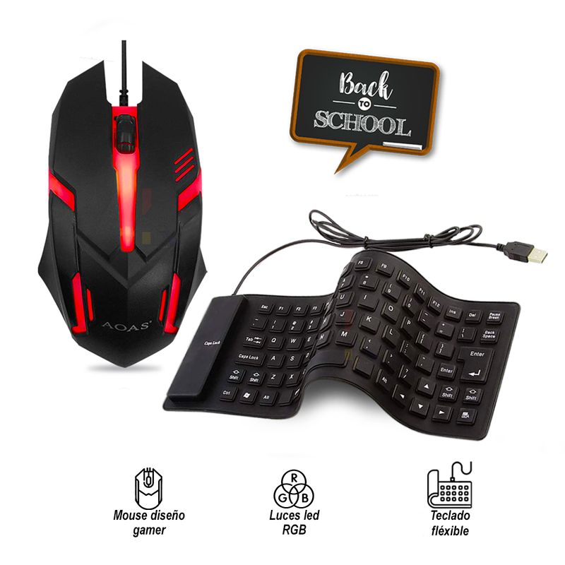 Combo Estudiantil Teclado Enrollable y Mouse Gamer con Luces - Real Plaza