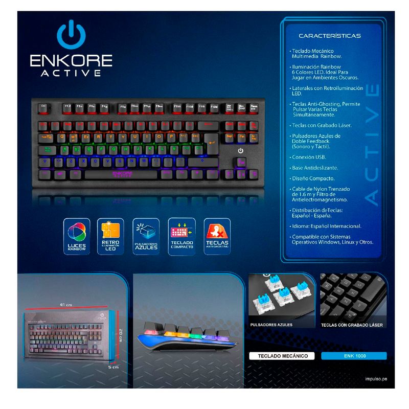 Teclado Gamer Mecanico Usb Enkore Active Enk1000 Rainbow - Real Plaza