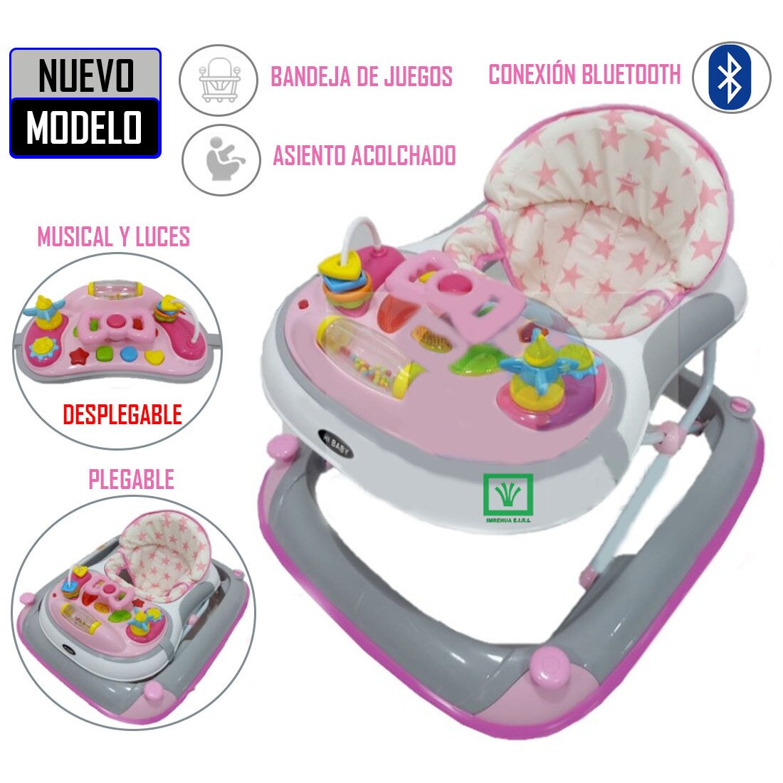 Andador Musical con Bluetooth HI BABY Timon RosaPlomo 3 Niveles Altura ...