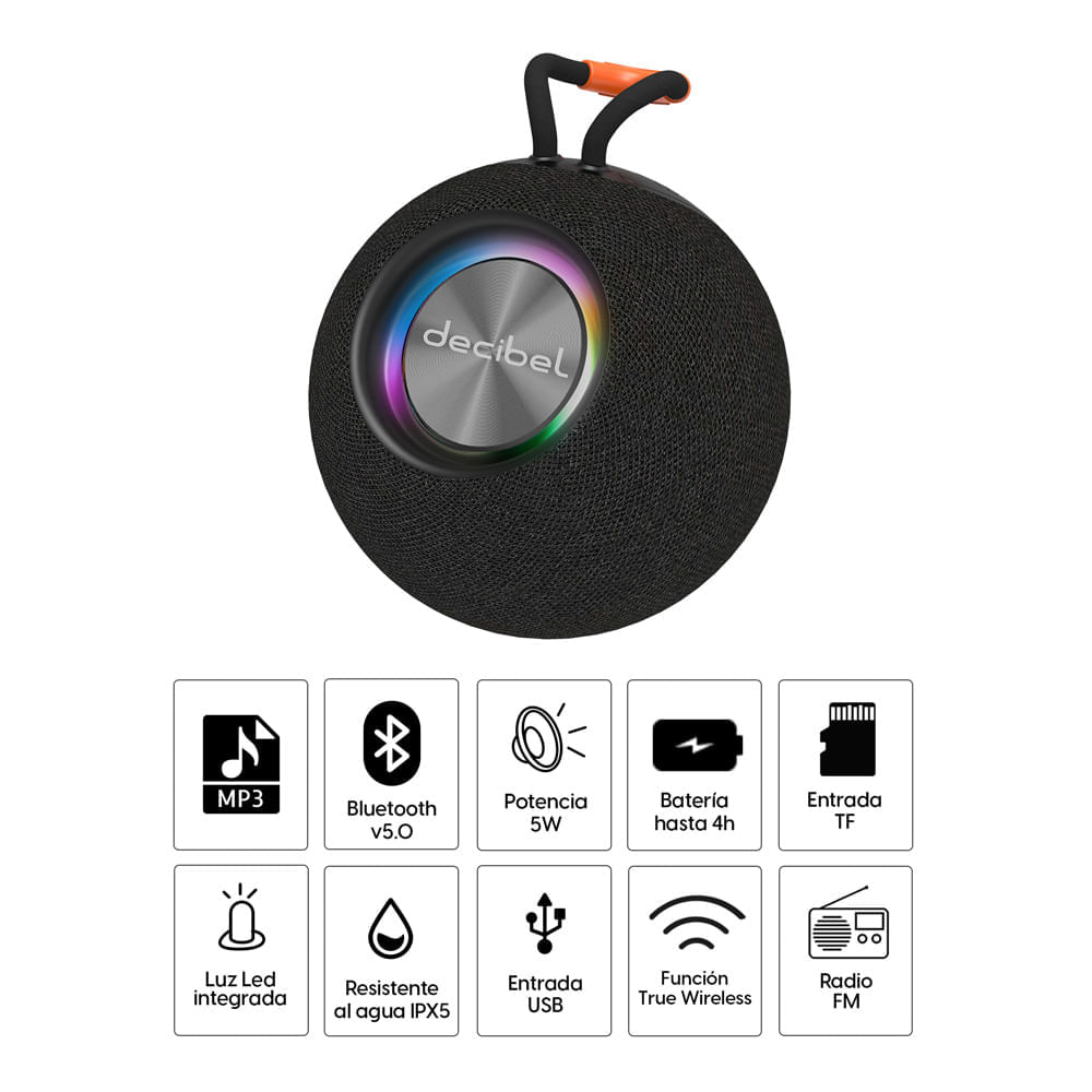 Parlante bluetooth Decibel Sfera 5W, IPX5/USB/FM/MP3/AUX/TWS/Tipo C ...