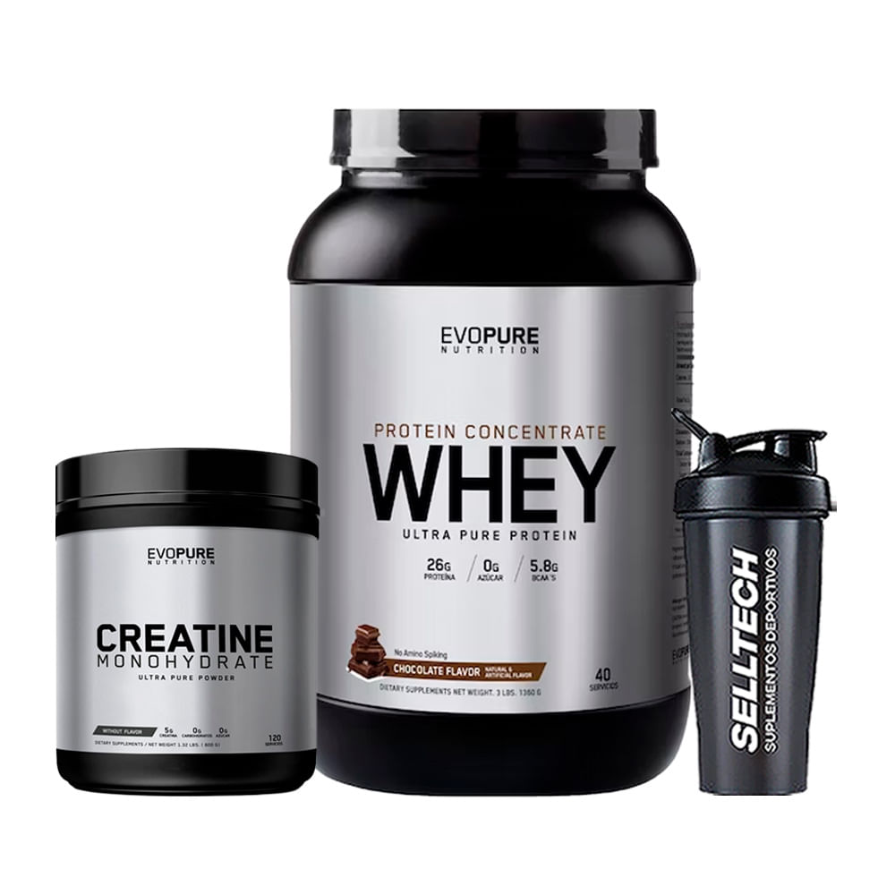 Pack Evopure Whey Concentrate 3lb Chocolate + Creatina 600gr + Shaker ...