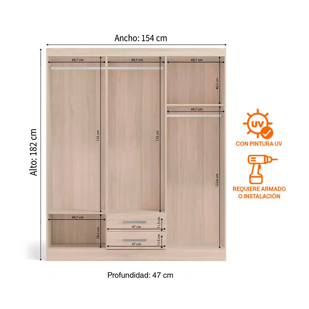 Ropero Cali 6 Puertas 2 Cajones 2 Repisas MDP Almendra - Real Plaza