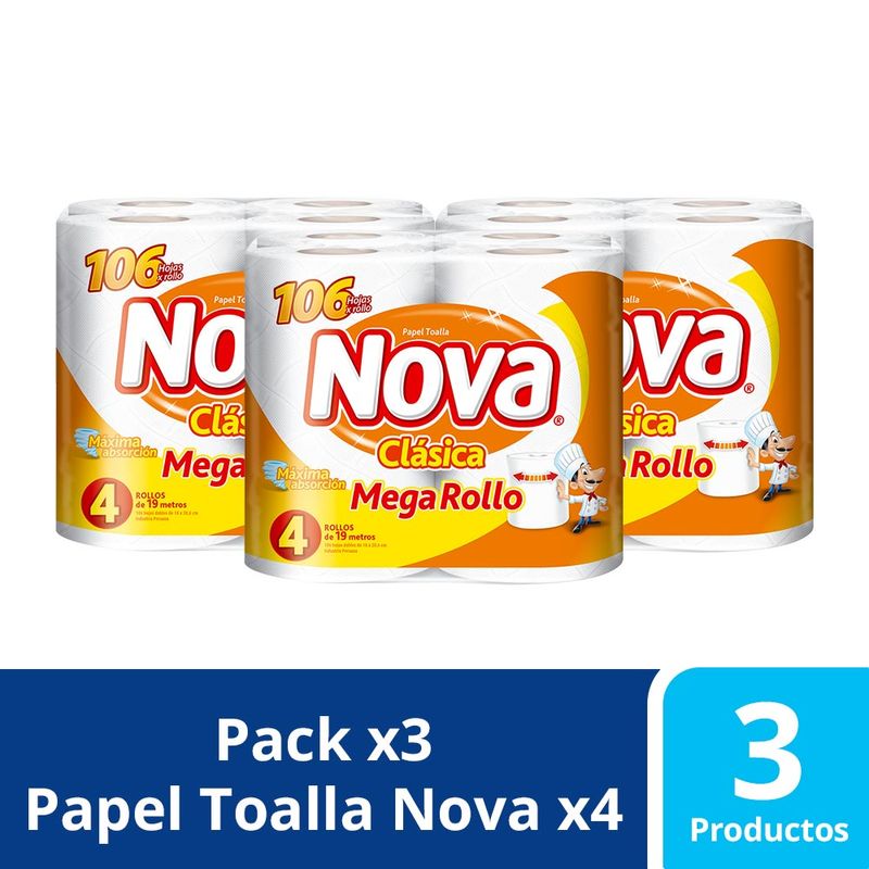 Pack Papel Toalla NOVA Clásica Mega Rollo Paquete 4un x 3un - Real Plaza
