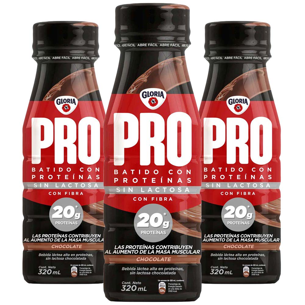 Pack Batido Protéico GLORIA Pro Chocolate Botella 320ml Paquete 3un - Real Plaza