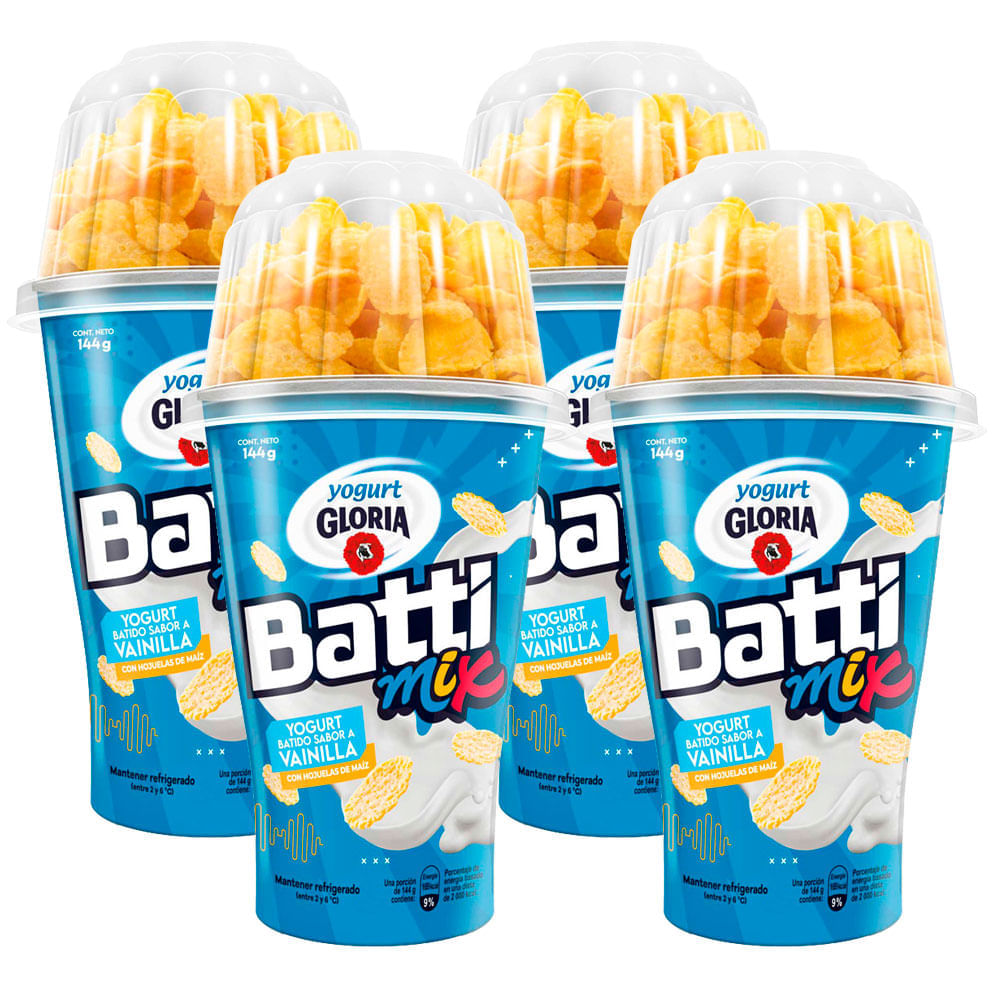 Pack Yogurt GLORIA Battimix Vainilla con Hojuelas de Maíz Vaso 144g ...