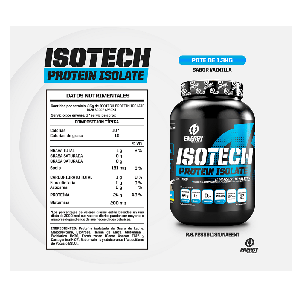 Proteina Energy Nutrition Isotech 1.3Kg Vainilla + Shaker - Real Plaza