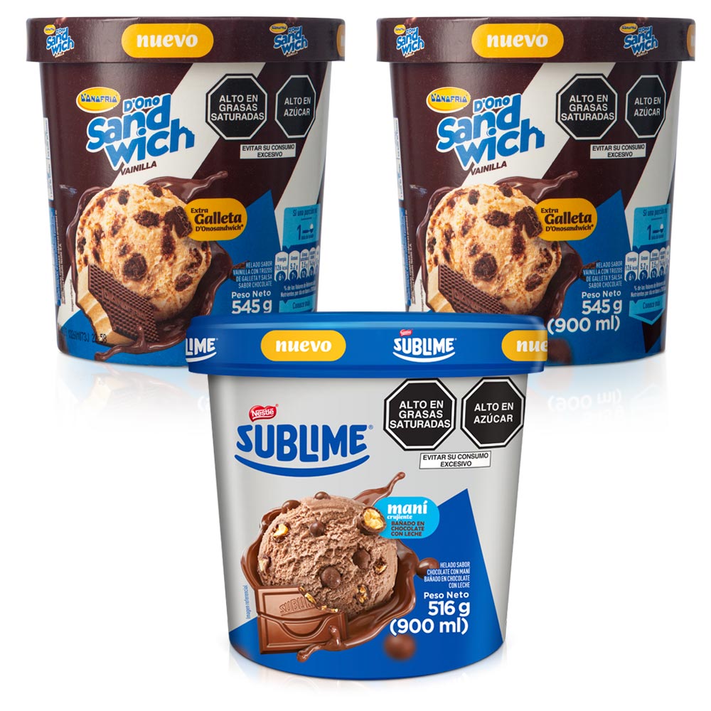 Pack Helado con Trozos de Galleta SANDWICH 900ml Pote 2un + Helado con ...