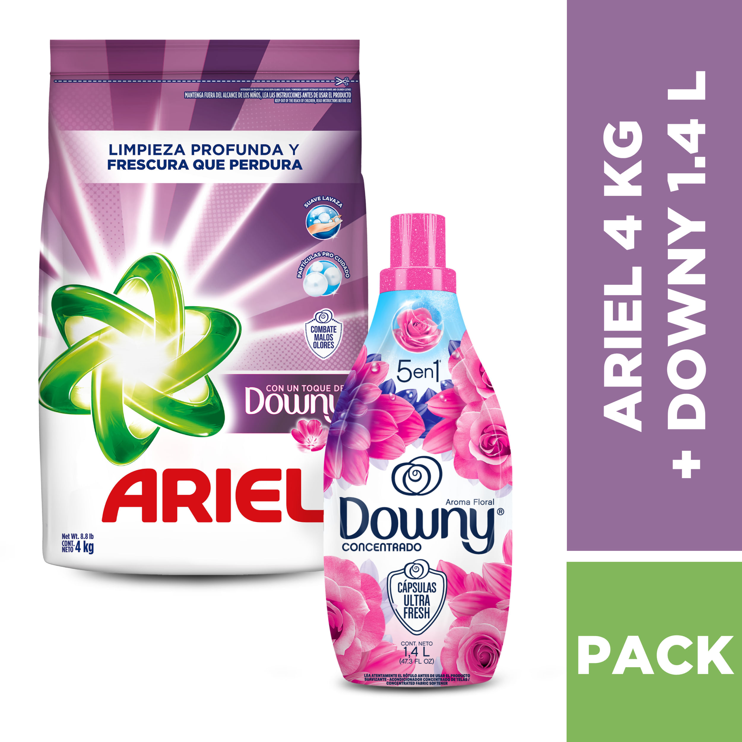 Pack Detergente en polvo ARIEL con Downy Bolsa 4Kg + Suavizante de ...
