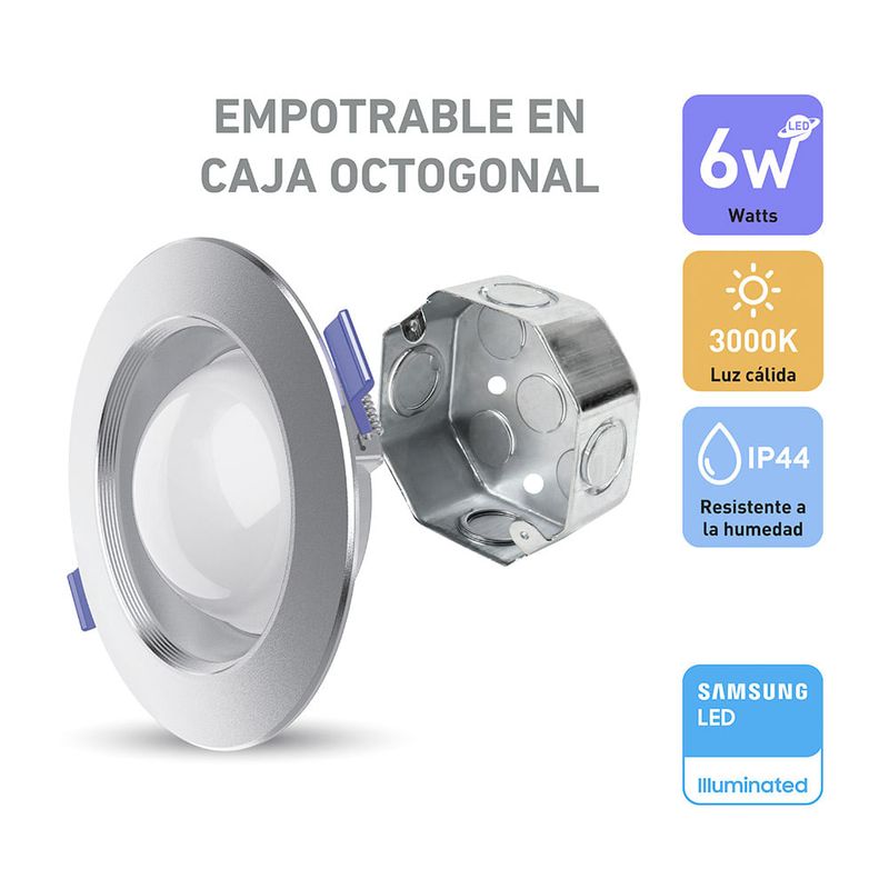 Spot Led Saturno Plateado para Caja Octagonal 6w Luz Cálida - Real Plaza