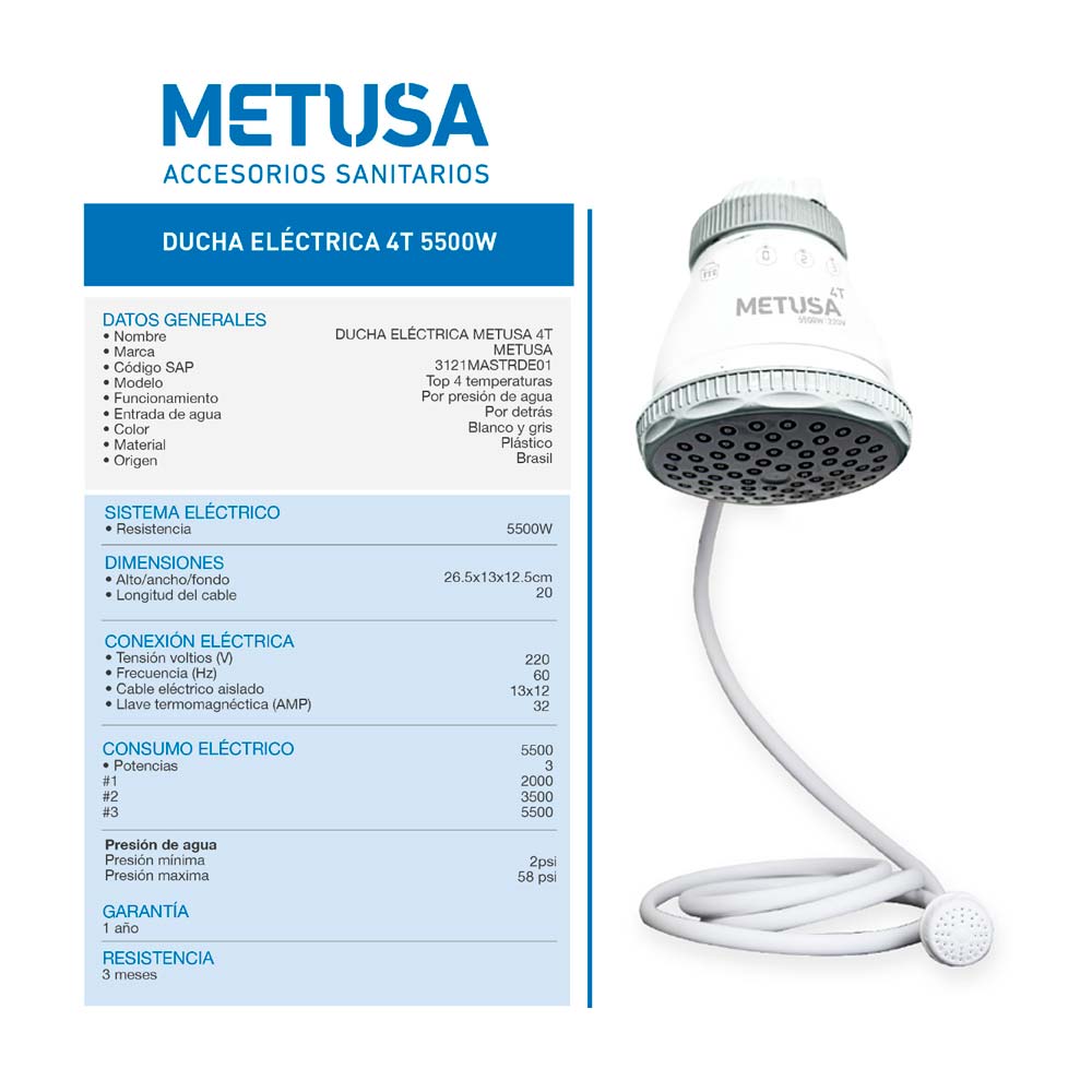 Ducha Eléctrica Sole Metusa 4T 5500W Blanco - Real Plaza