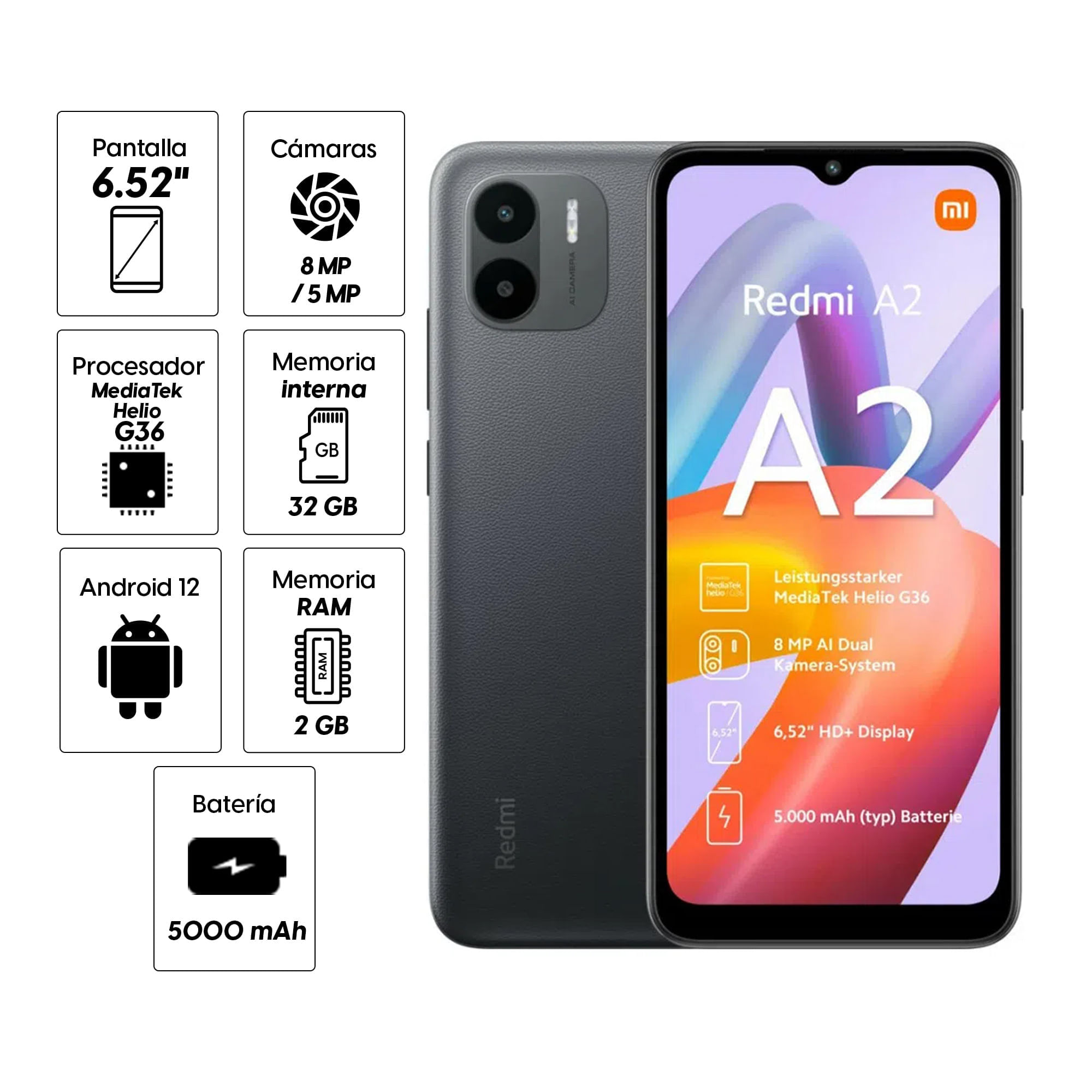Celular Xiaomi Redmi A2 32GB, 2GB ram, cámara principal 8MP, frontal ...