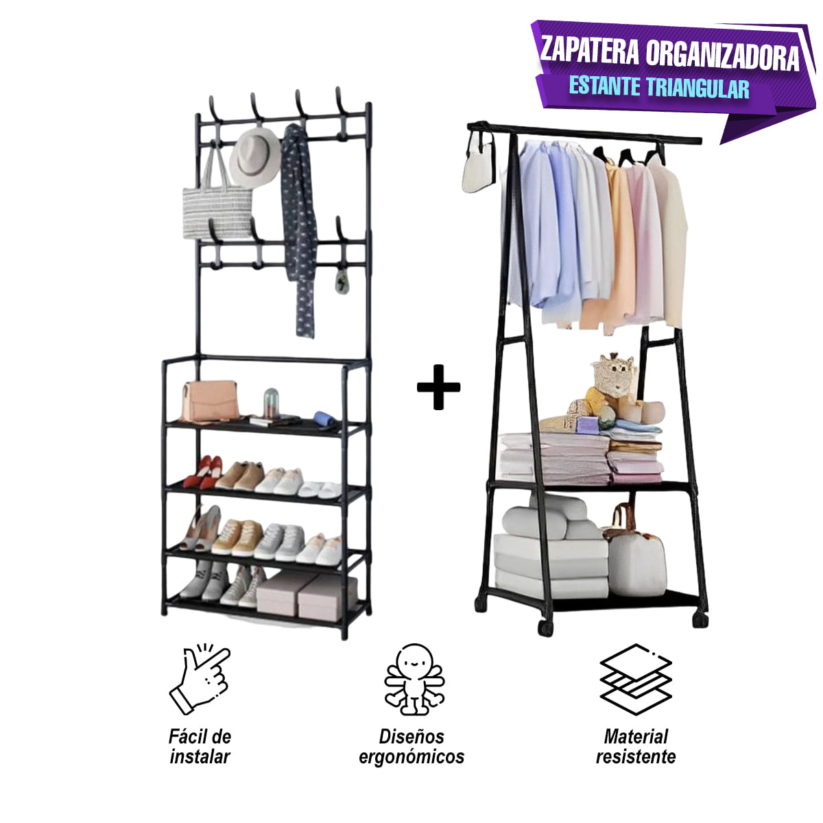 Zapatera Organizadora 4 Niveles con Percheros Negro + Estante Triangular Multiusos Negro - Real ...