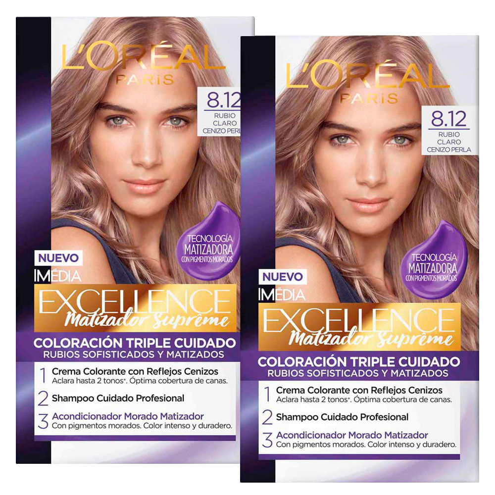 Pack Tinte para Cabello EXCELLENCE Mujer 8.12 Rubio Claro Cenizo Perla ...