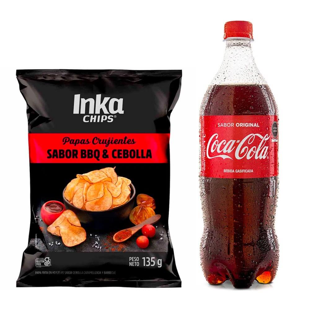 Pack Gaseosa COCA COLA Botella 1L + Papas INKA CHIPS BBQ & Cebolla ...