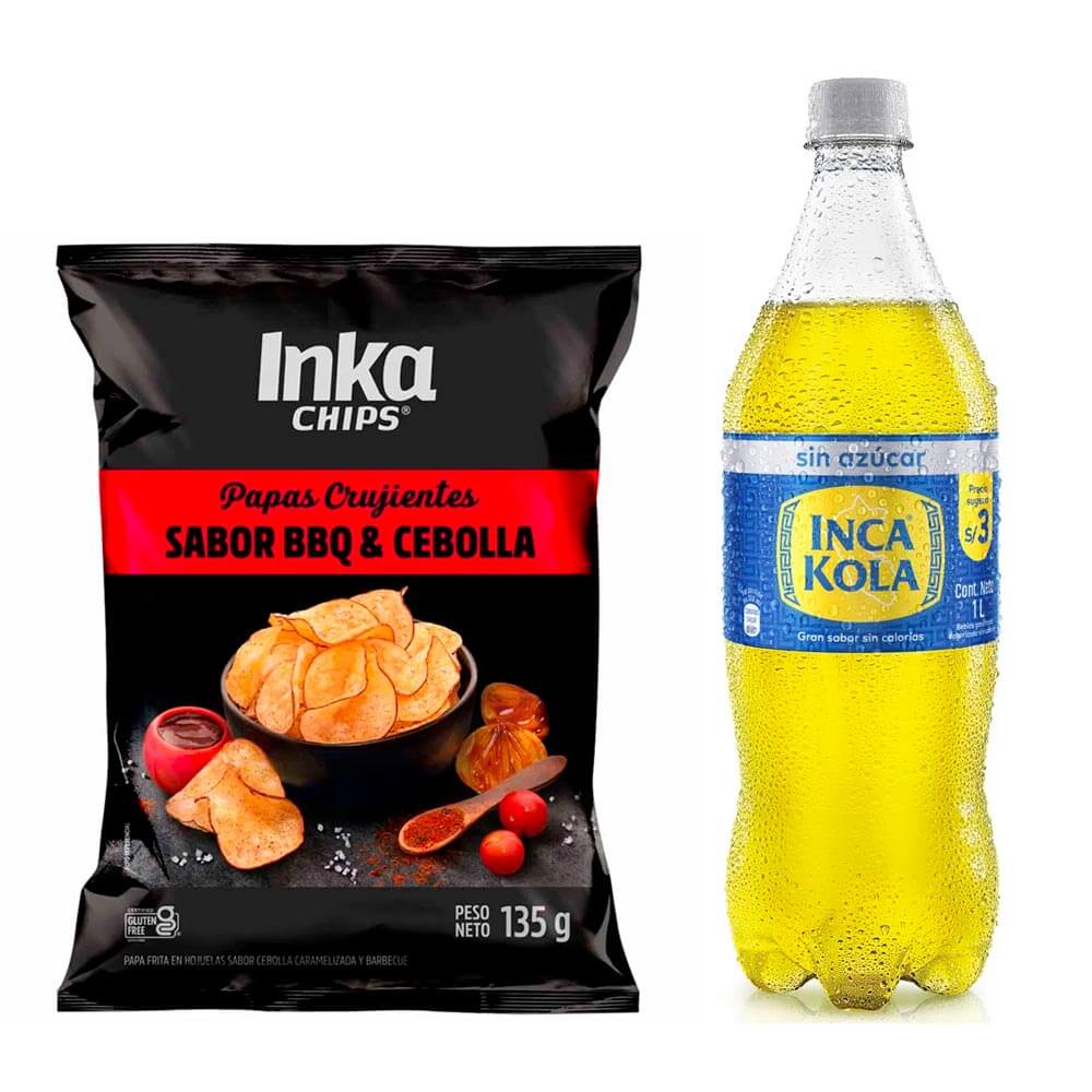 Pack Gaseosa INCA KOLA Sin Azúcar Botella 1L + Papas INKA CHIPS BBQ ...
