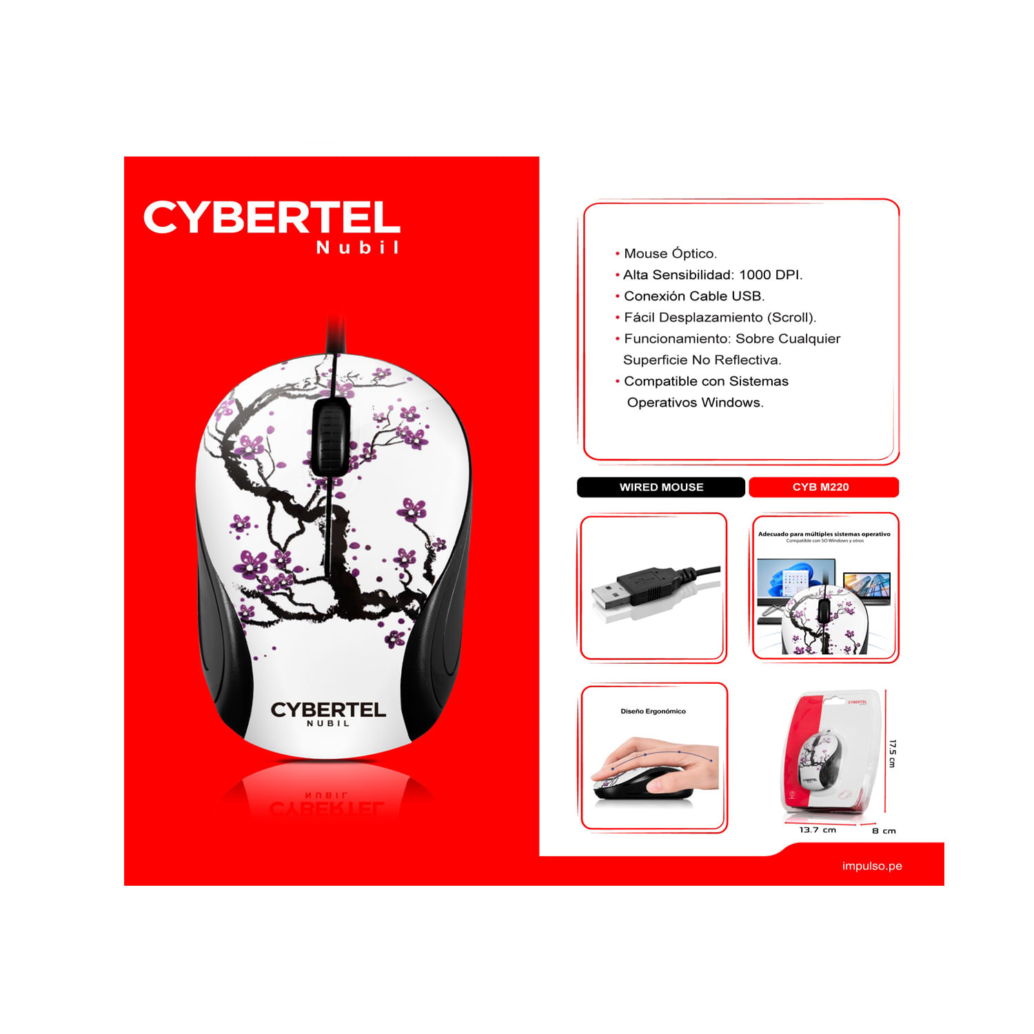Mouse Cybertel NUBIL CYB M220 alámbrico USB diseño floral - Real Plaza