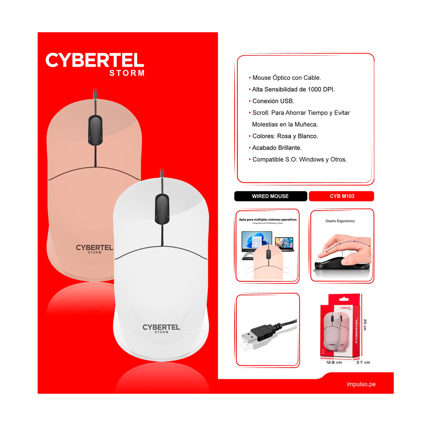Mouse Cybertel STORM - CYB M103 alámbrico 1000 DPI color rosado - Real ...
