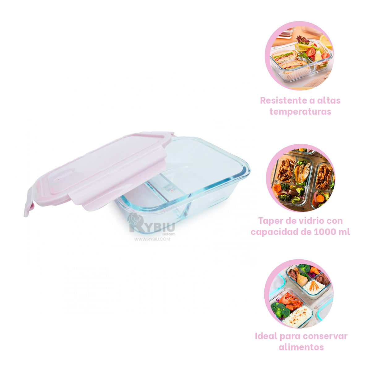 Taper Hermetico de Vidrio con 3 Divisiones 1L Rosado - Real Plaza