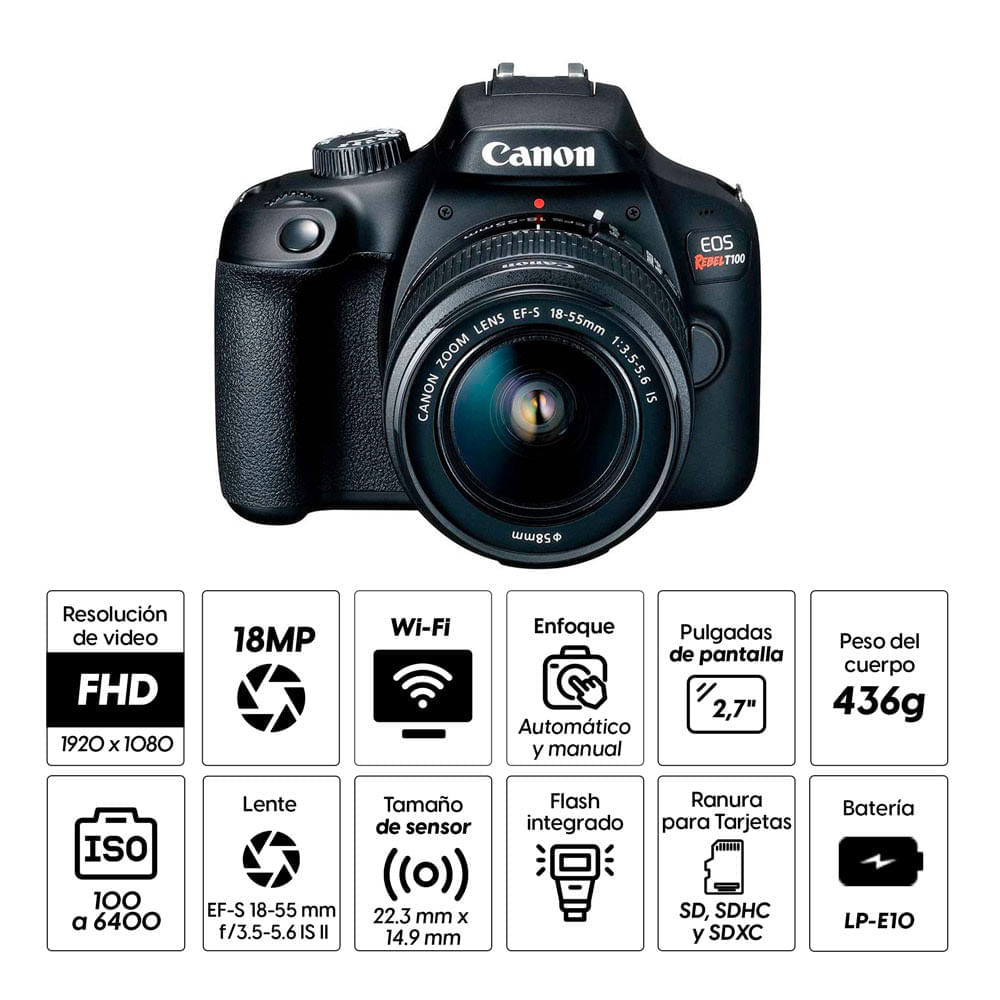 Cámara Canon EOS Rebel T100 EF-S 18-55mm 18MP - Real Plaza