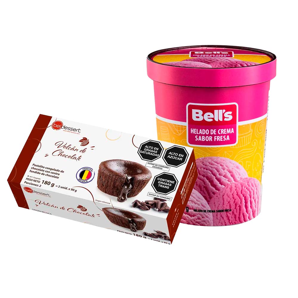 Pack Helado BELL'S Fresa Pote 1L + Volcán de Chocolate BELDESSERT 90g ...