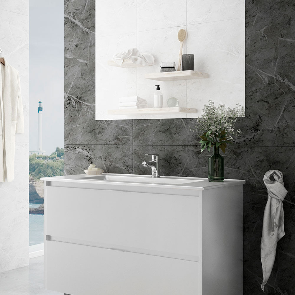 Vanitorio + Lavatorio + Espejo Inca Blanco Brillo 80cm - Real Plaza