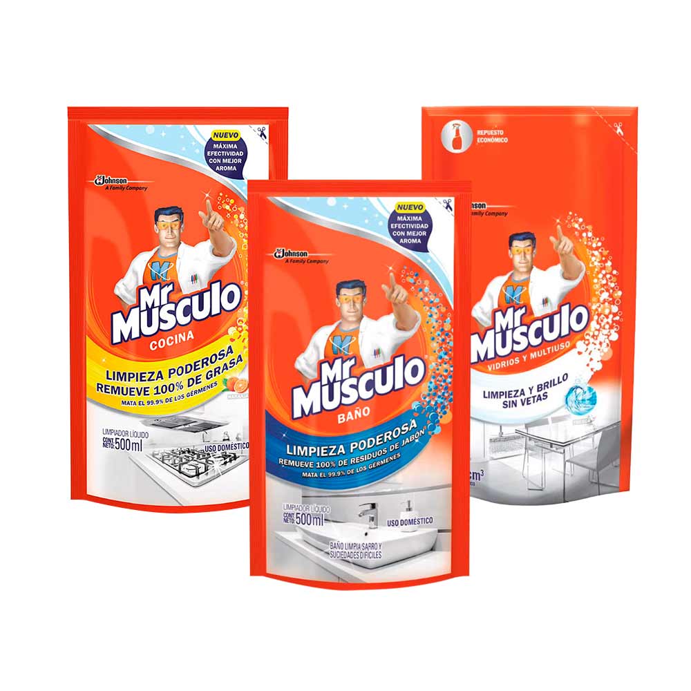 Pack MR MÚSCULO Cocina 500ml + Desinfectante Baño 500ml + Limpia ...