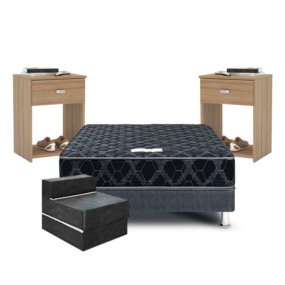 Pack Cama Box Tarima PARAISO Consul Black 2 Plazas + Sofá Cama + 02 Velador VIVA HOME Miami ...