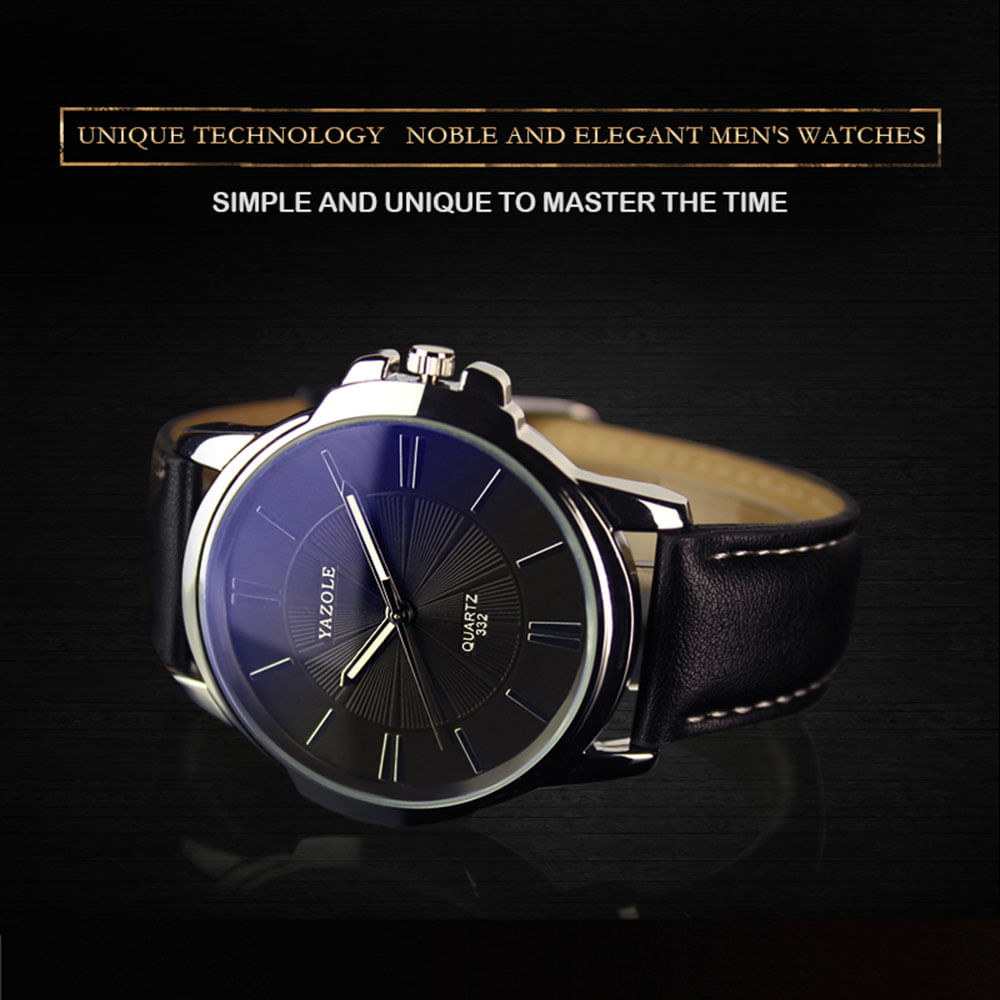 Reloj Hombre Correa de Cuero Yazole 332 Moda Casual Negro Azul - Real Plaza
