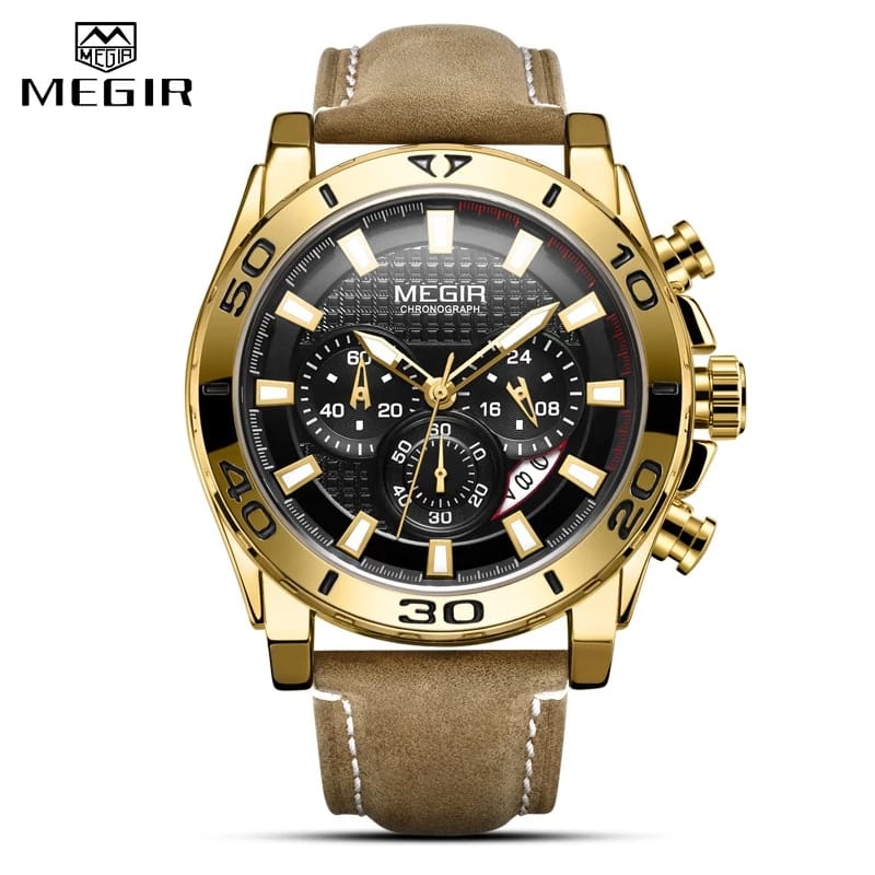 Reloj Megir Acero Dorado y Cuero Marrón MEG-28 - Real Plaza