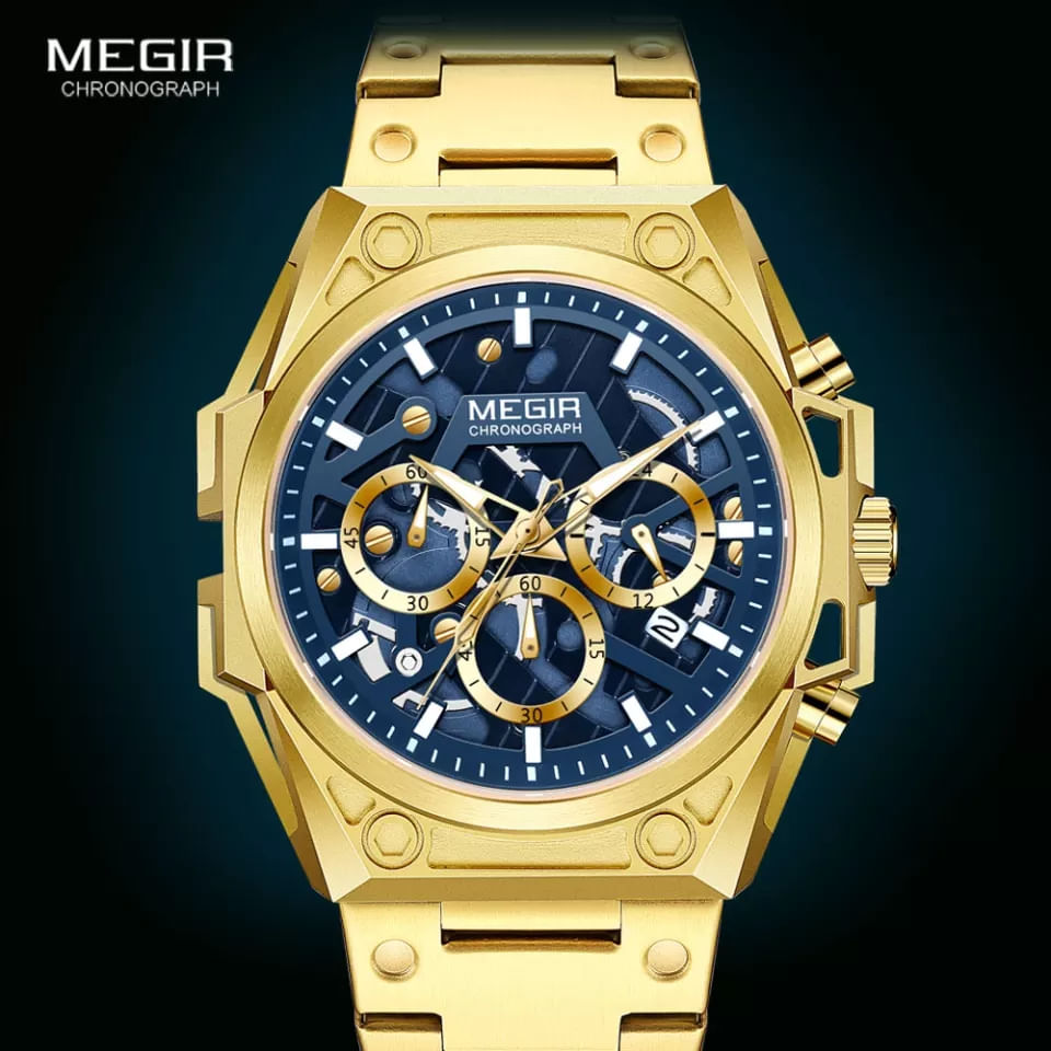 Reloj Megir Acero Dorado y Azul MEG-57 - Real Plaza