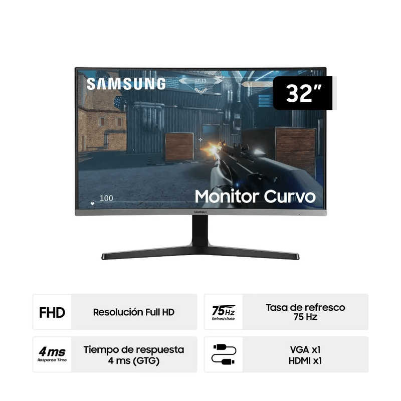 Monitor Samsung Curvo 32 LC32R500FHLXPE VA 60HZ 4MS FreeSync - Real Plaza