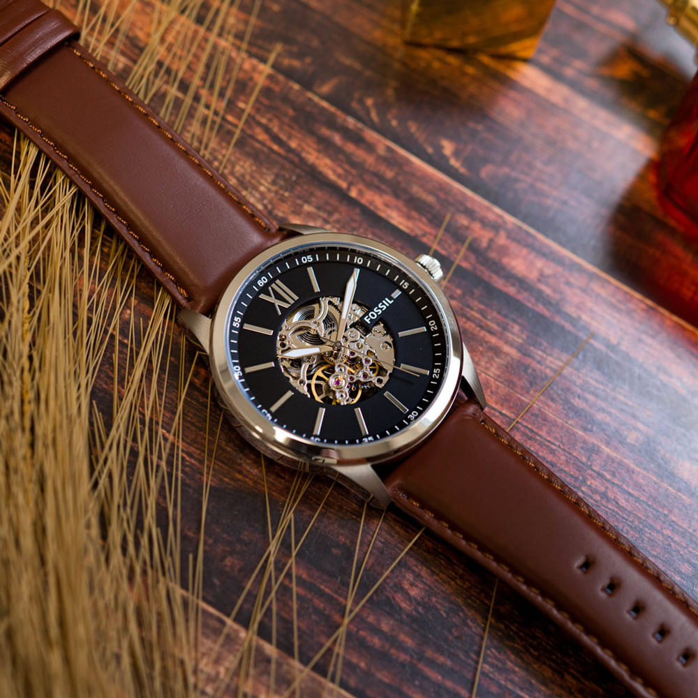 Reloj Fossil Flynn BQ2386 Automático Para Hombre Correa de Cuero Marrón ...