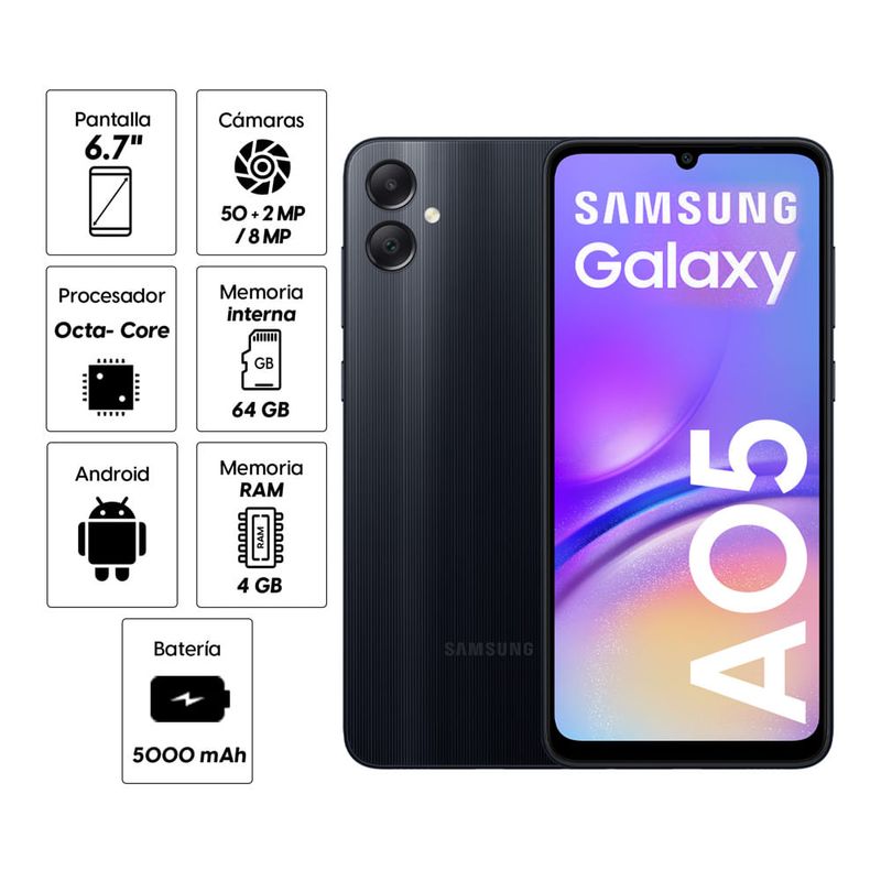 Celular Samsung Galaxy A05 64GB, 4GB ram, cámara principal 50MP + 2MP ...