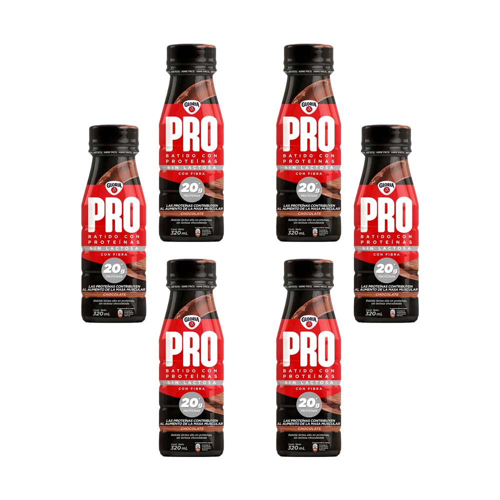 Pack Batido Protéico GLORIA Pro Chocolate Botella 320ml x 6un - Real Plaza