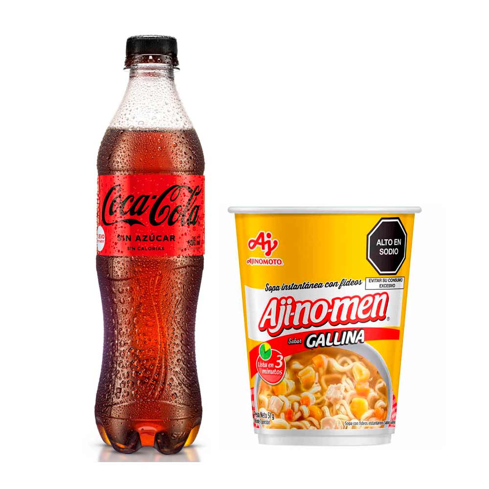 Pack Gaseosa COCA COLA Sin Azúcar Botella 500ml + Sopa Instantánea ...