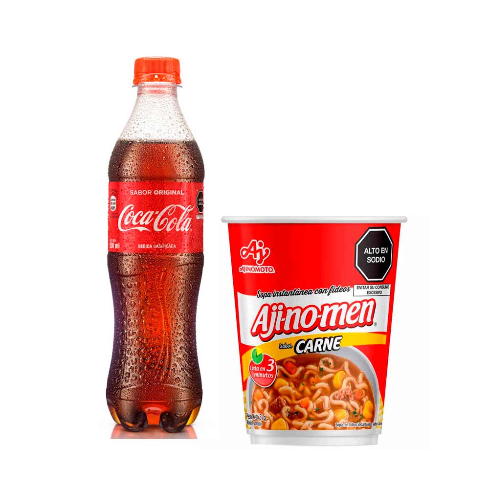 Pack Gaseosa COCA COLA Botella 500ml + Sopa Instantánea AJINOMEN Sabor ...