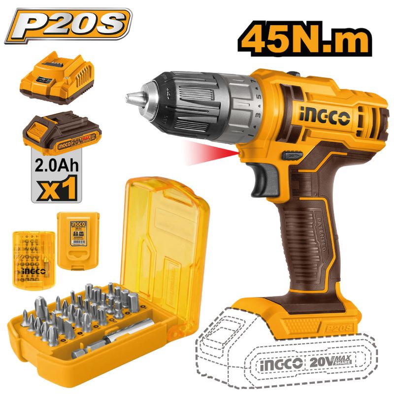 Taladro Atornillador Inalámbrico Ingco 20V 2.0AH CDLI200518 + Set 30 ...