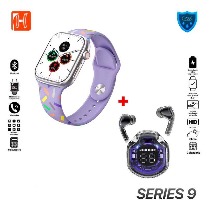 Pack Smartwatch T900 Pro Max GS serie 9 Violeta y Audífonos Air39 Negro - Real Plaza