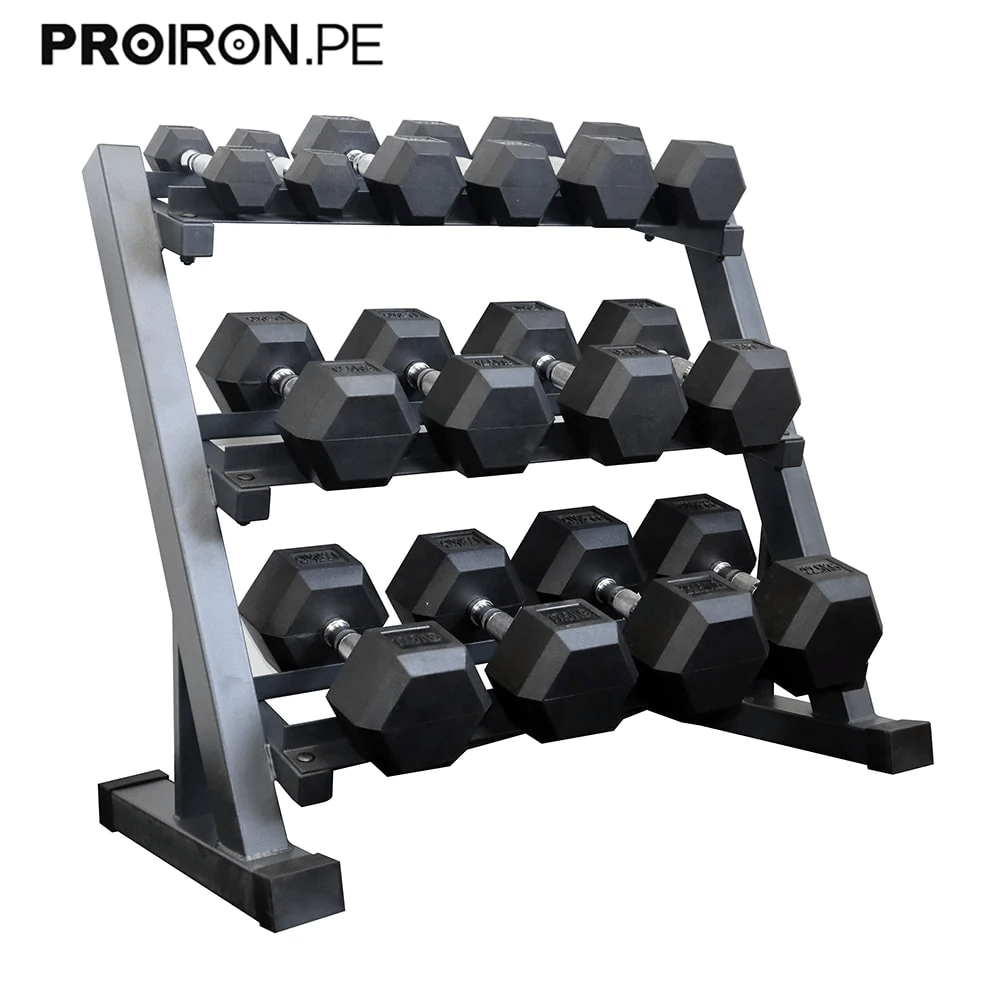 Set de mancuernas hexagonales PROIRON de 225KG + Rack de Acero de 3 ...