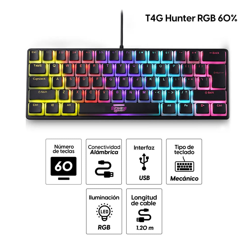 Teclado gamer T4G Hunter RGB 60% mecánico, alámbrico, conexión usb, switch azul, negro - Real Plaza