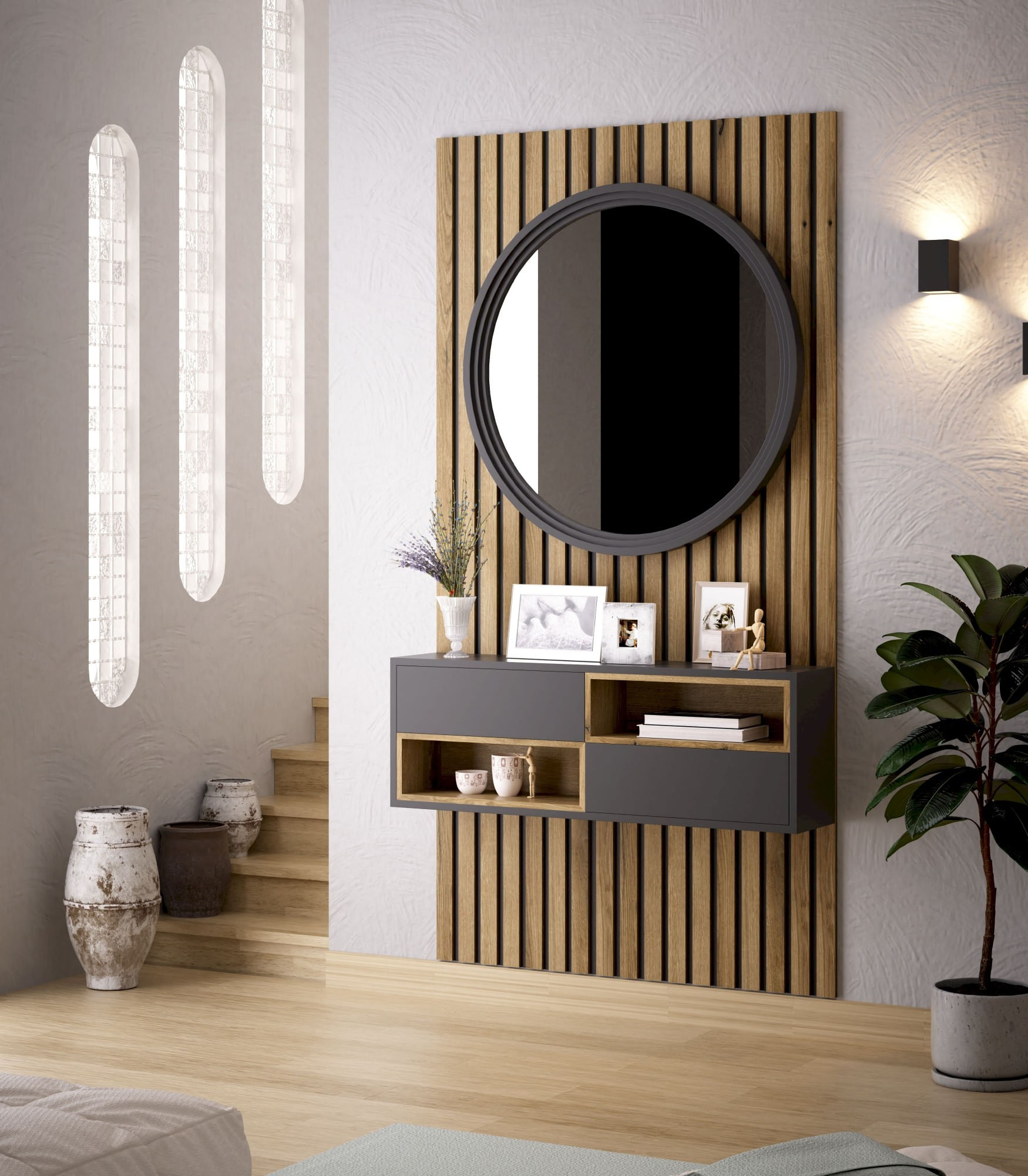 Recibidor Flotante Barpin con Espejo y panel color Negro/Marrón TU ...