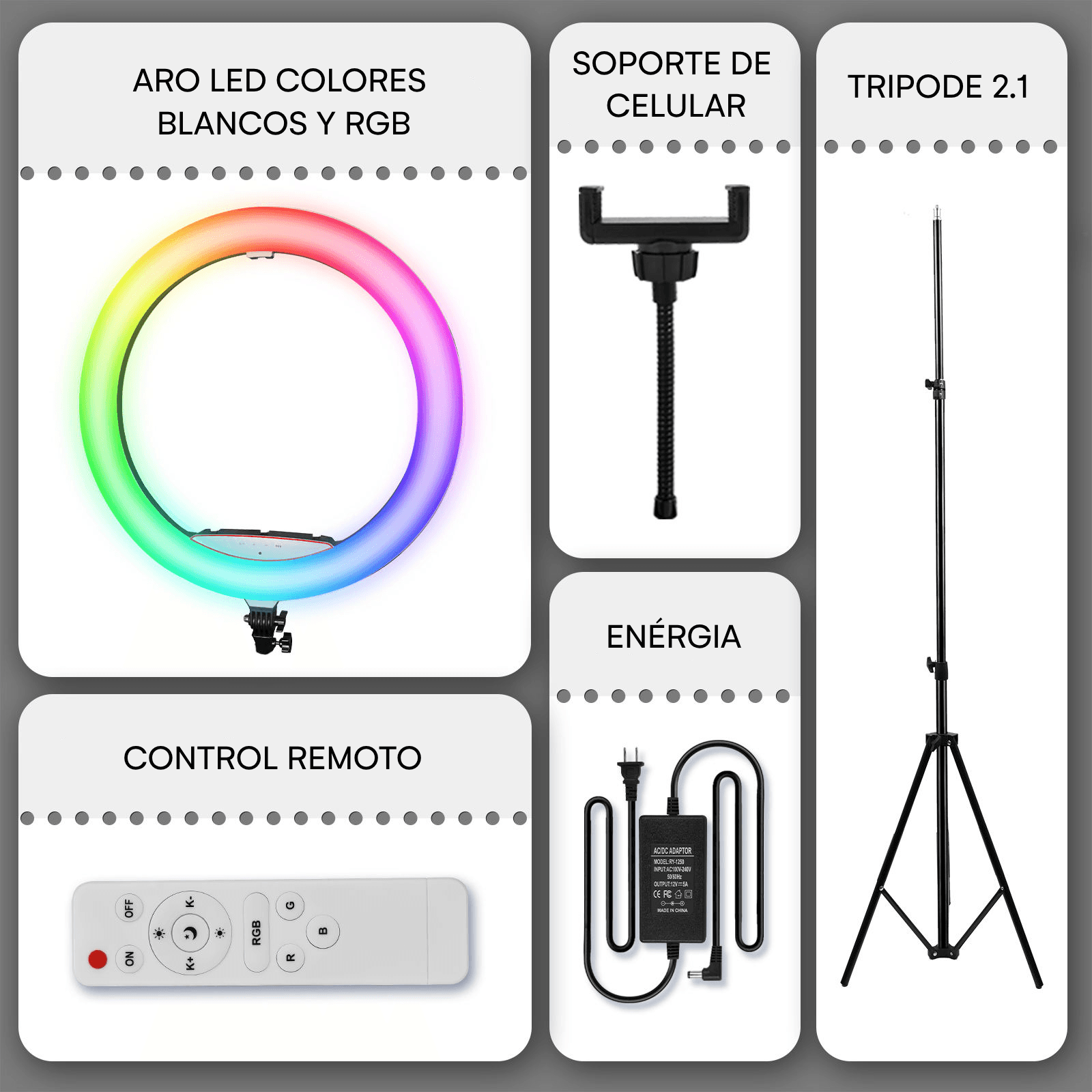 Aro LED 56CM Blanco RGB + Trípode y Control Remoto para estudio - Real ...