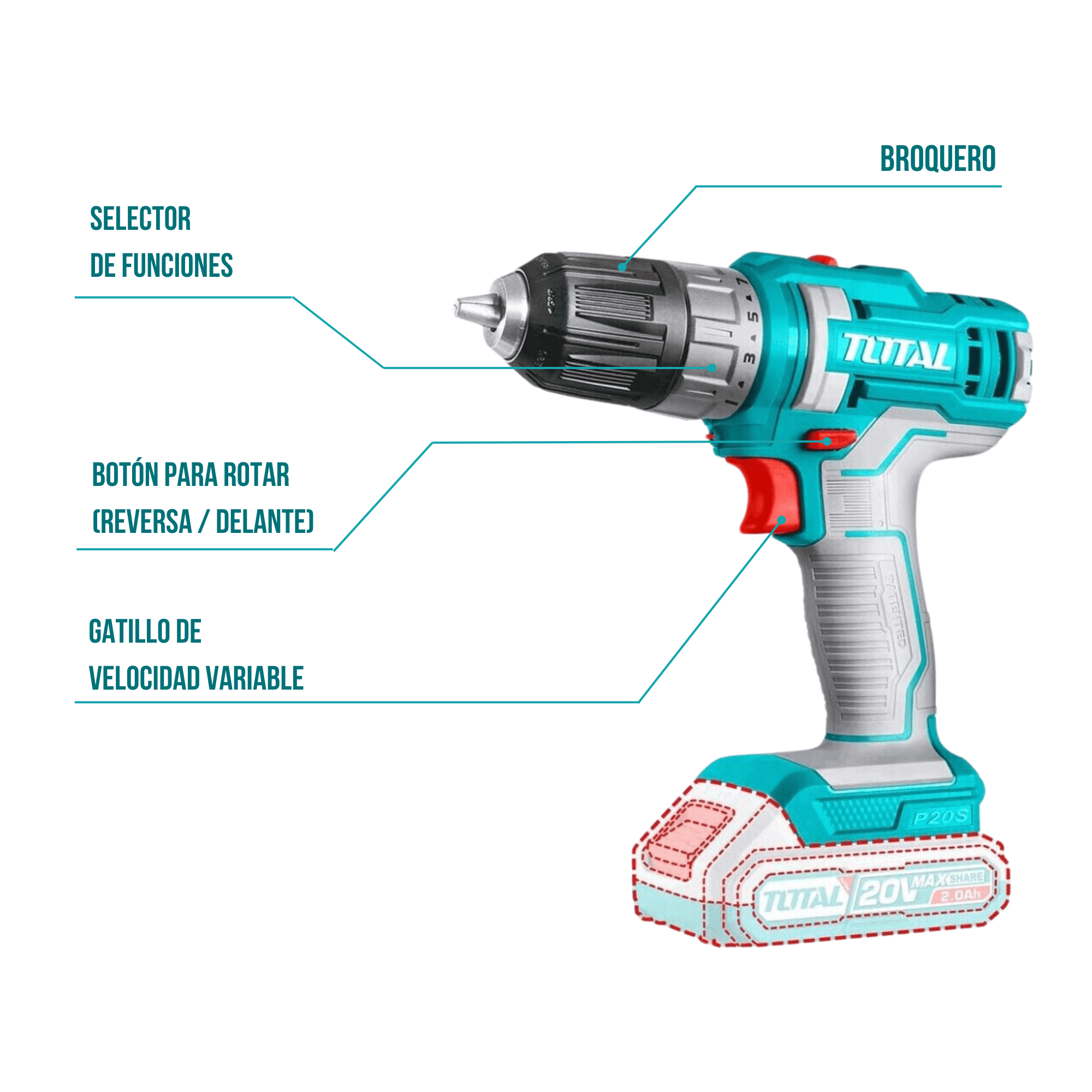 Taladro Atornillador 20v 46 Nm Incluye Batería y Cargador Total ...