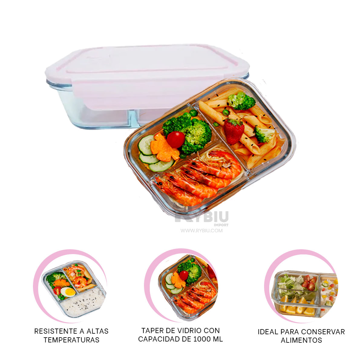 Taper Rectangular de Vidrio 3 Divisiones Rosado - Real Plaza