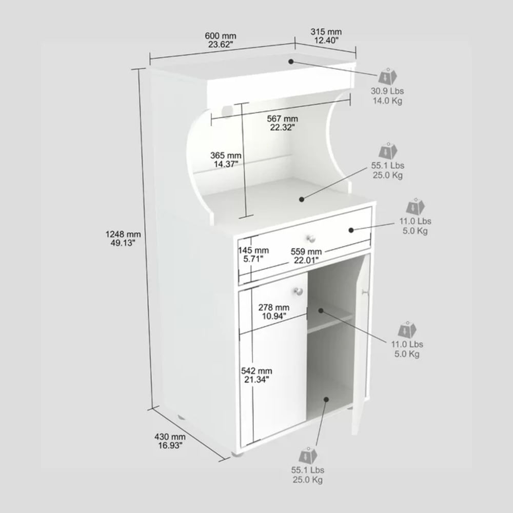 Mueble para Microondas Clásico Namibia color Blanco 2 puertas 1 cajón ...