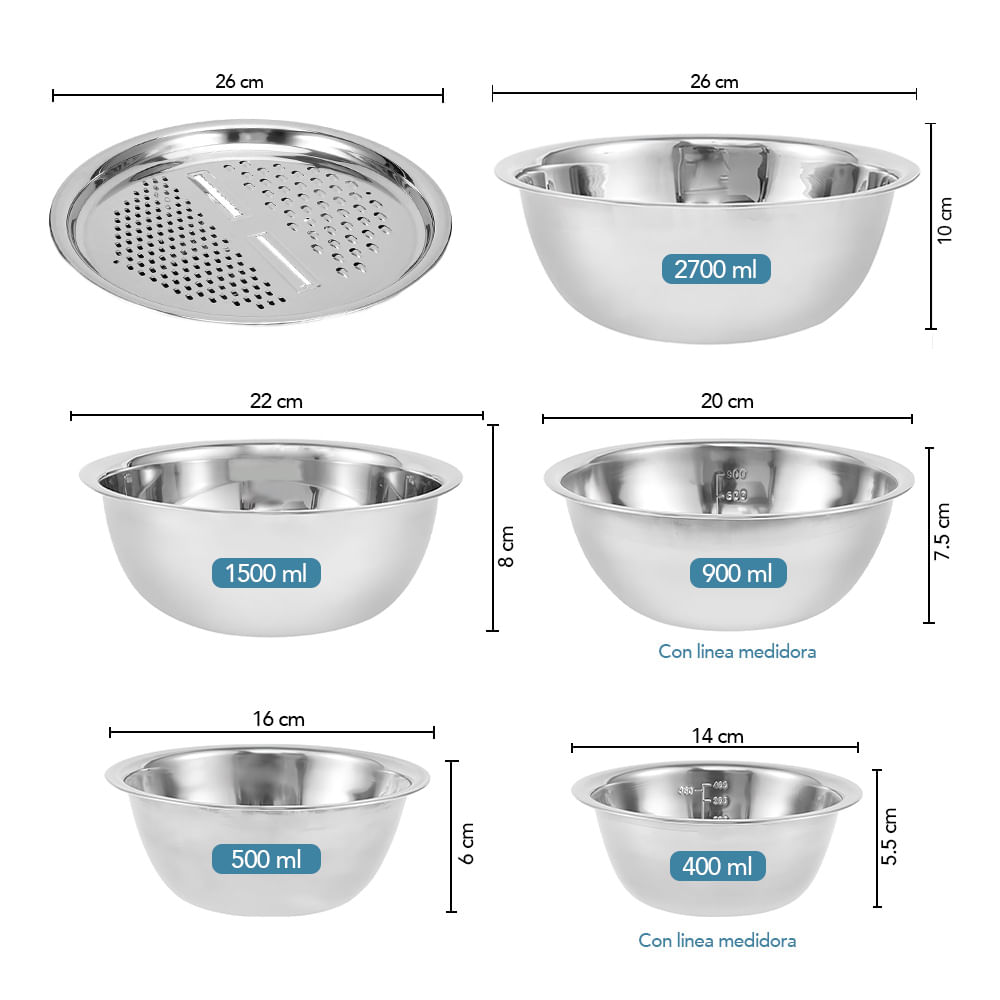 Set de Bowls 6 Piezas con Rallador para Cocina de Acero F34 - Real Plaza