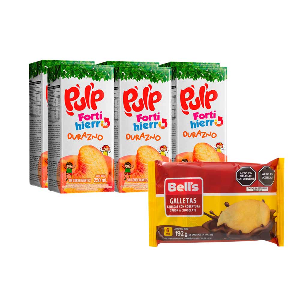Pack Bebida PULP Durazno Forti Hierro Caja 250ml Paquete 6un + Galletas ...