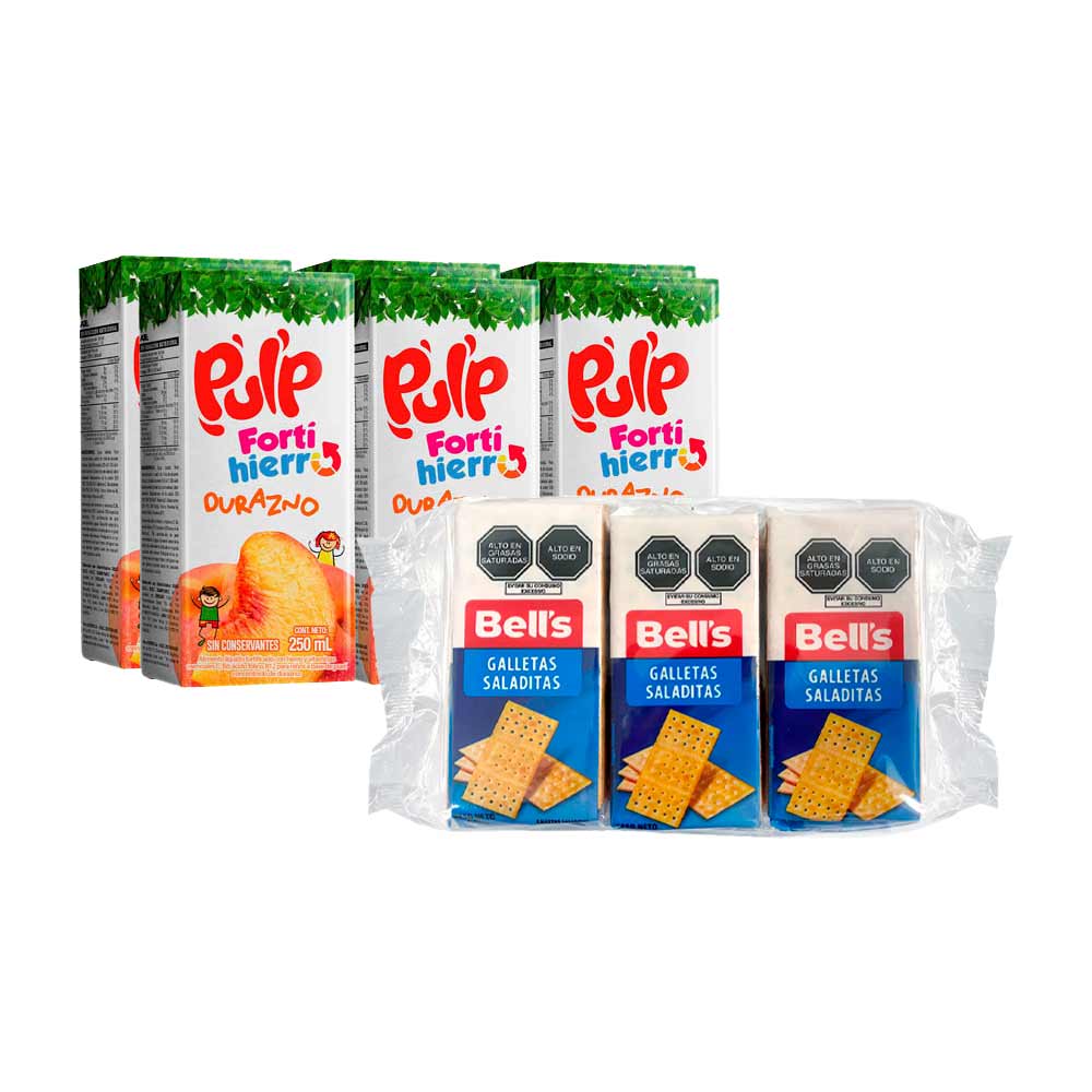 Pack Galletas Saladitas BELL'S Paquete 6un + Bebida PULP Durazno Forti ...