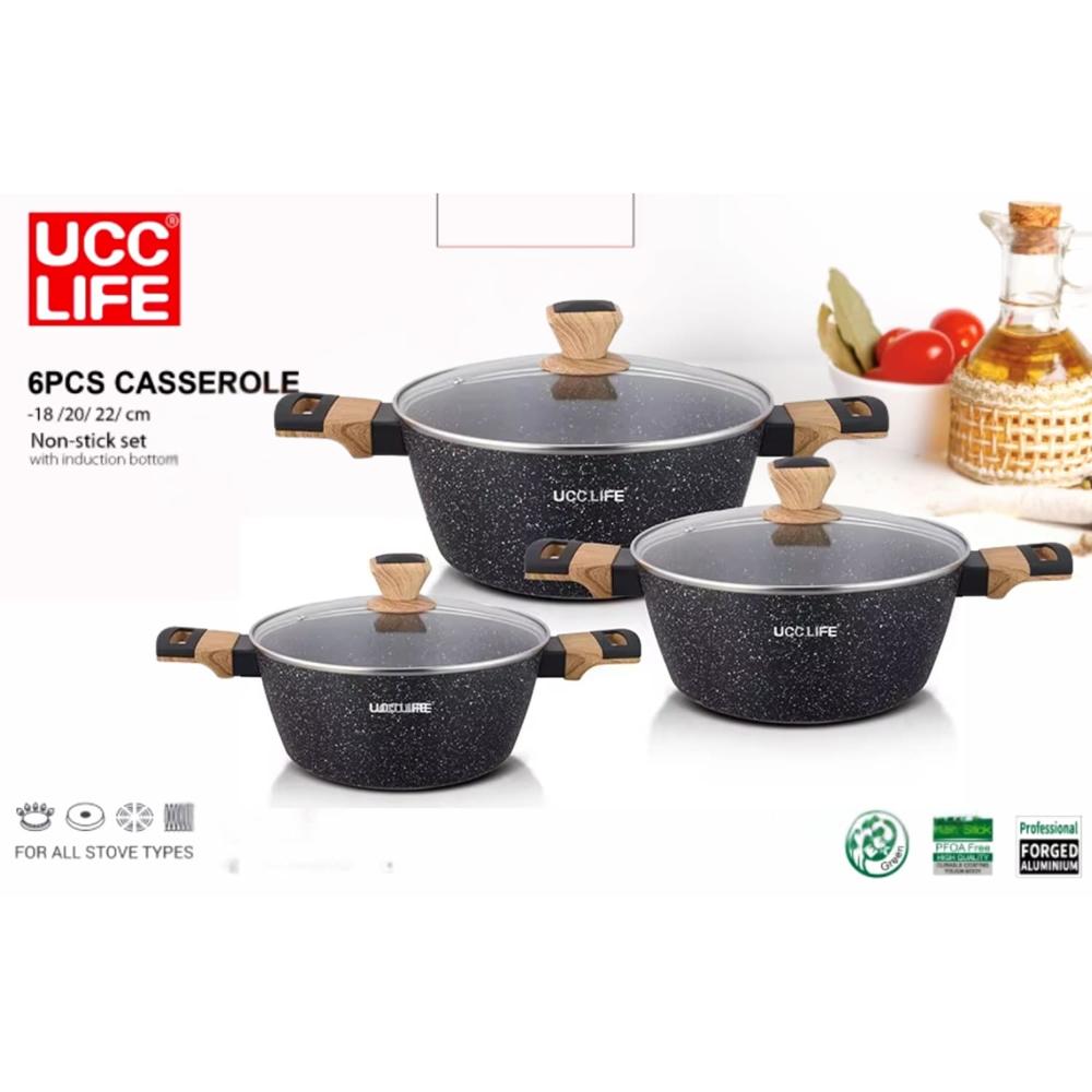 Juego de Ollas de Roca Volcánica UCC LIFE 6 Piezas Color Negro - Real Plaza